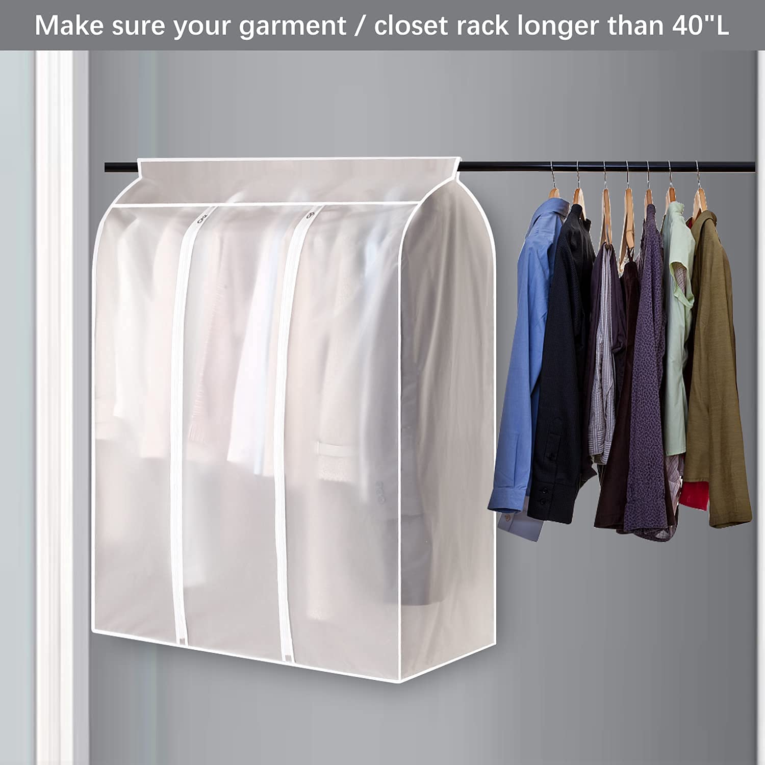 50'' Garment Bags for Hanging Clothes, Large Translucent Frosted Garment Rack Cover Bags Clothing Storage Bag with Zipper for Hanging Shirts, Coats, Dresses, Suits, Seal Closets to Protect Clothing