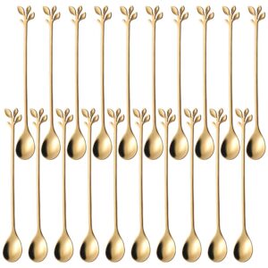 ansaw gold leaf handle long teaspoons - 7.4" stainless steel coffee & tea stirring spoons, coffee stir spoon set of 20