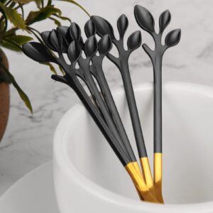 AnSaw 16-Pc Black Mini Leaf Coffee Spoons & Dessert Forks - 4.7" Stainless Steel Cutlery for Tea, Appetizers, Tasting - Party, Charcuterie, Cocktails