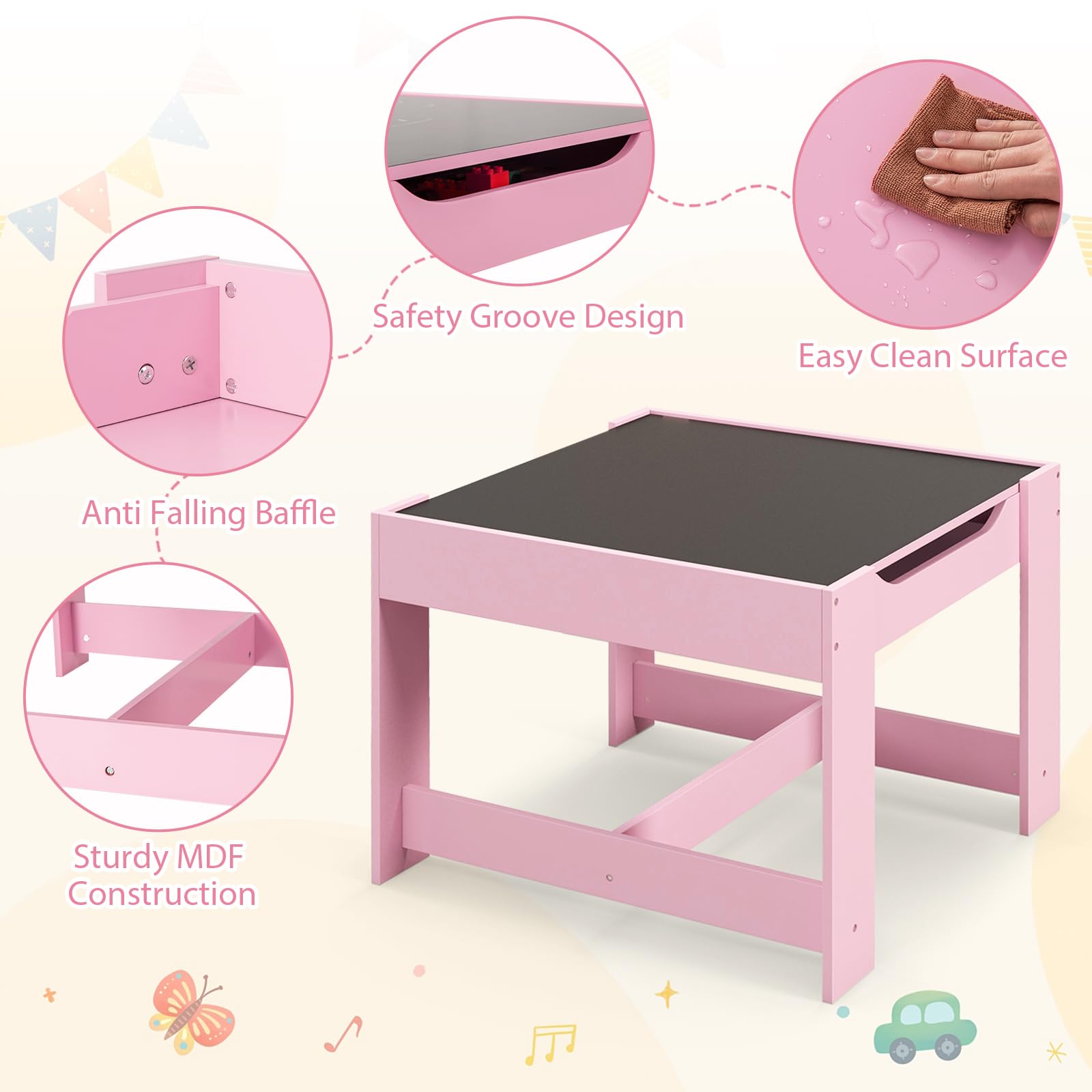 KOTEK Kids Wood Table and 2 Chairs Set with Blackboard & Storage Drawers, Children Multi Activity Table for Learning, Playing, Drawing, 3-in-1 Toddler Art Crafts Desk and Chairs Set (Pink)