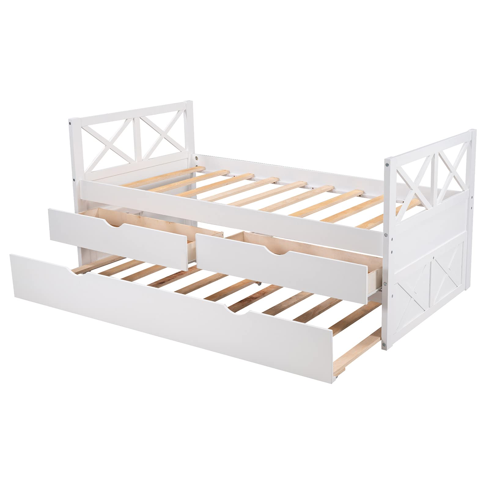 Twin Captain’s Bed, Wood Storage Daybed with Trundle and Drawers, Wooden Platform Bed with Storage for Kids Teens and Adults, White