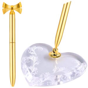 hingofuni gold bow signing pen and acrylic heart holder for wedding bridal guest sign in anniversary engagement ceremony birthday party graduation office guest book ballpoint pen reception