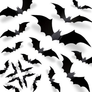 halloween 3d bats wall decor - 70 pcs 5 different sizes matte black reusable pvc scary bat stickers vintage goth wall decals for home door indoor outdoor party decorations