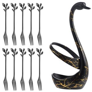 ansaw elegant swan base holder set with 10 pcs black leaf 4.7" stainless steel mini forks for appetizer, fruit, dessert, cake & salad