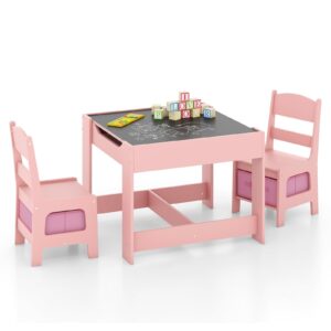 kotek kids wood table and 2 chairs set with blackboard & storage drawers, children multi activity table for learning, playing, drawing, 3-in-1 toddler art crafts desk and chairs set (pink)