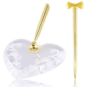 snowting heart pen holder signing pen set guest book accessories for wedding bridal engagement favors opening ceremony graduation parties office acrylic base with golden bow-knot ballpoint pen