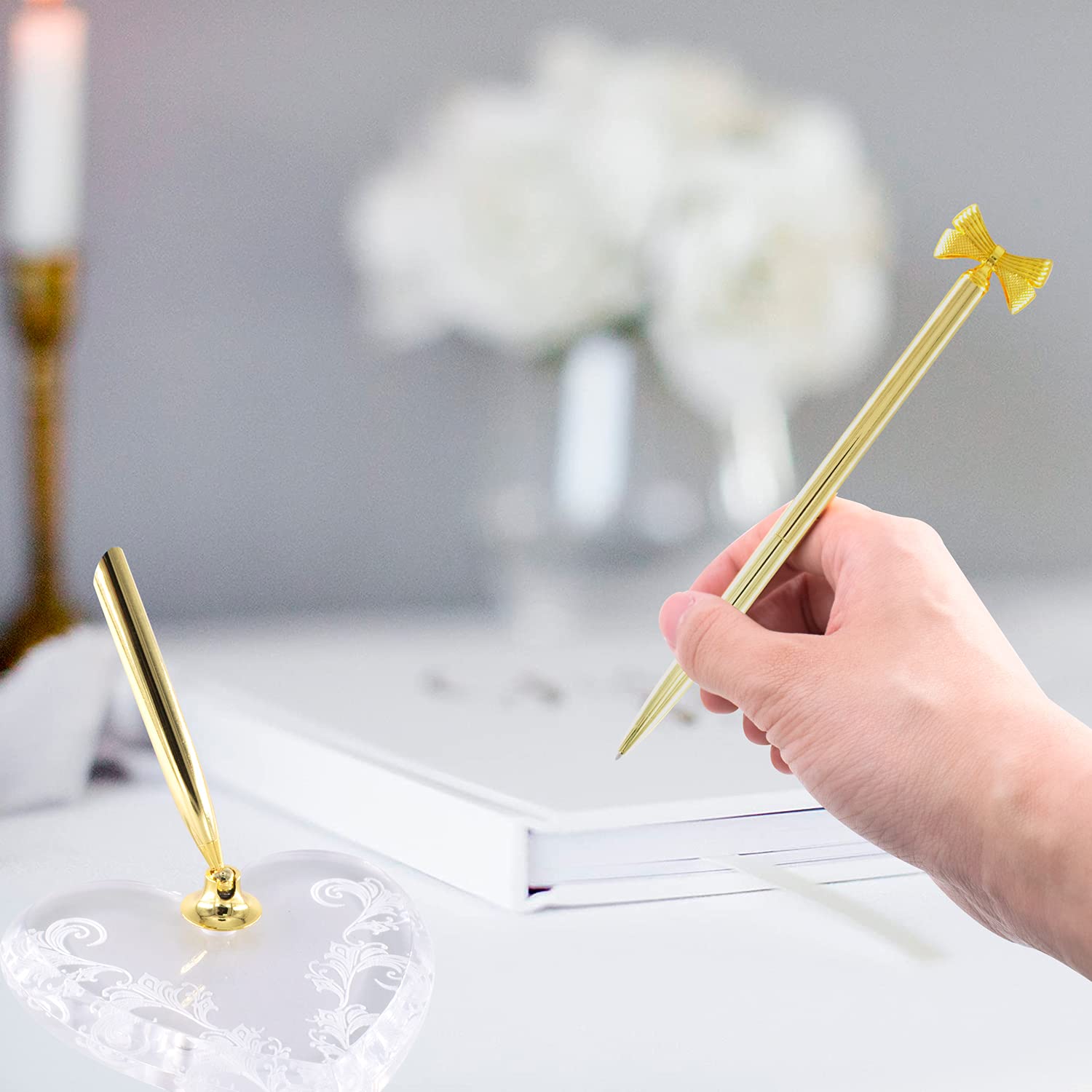 SnowTing Heart Pen Holder Signing Pen Set Guest Book Accessories for Wedding Bridal Engagement Favors Opening Ceremony Graduation Parties Office Acrylic Base with Golden Bow-knot Ballpoint Pen