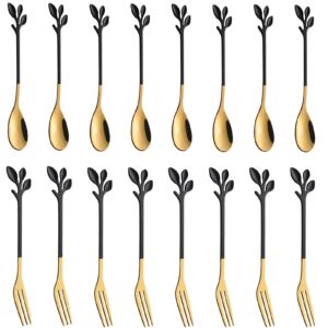 ansaw 16-pc black mini leaf coffee spoons & dessert forks - 4.7" stainless steel cutlery for tea, appetizers, tasting - party, charcuterie, cocktails