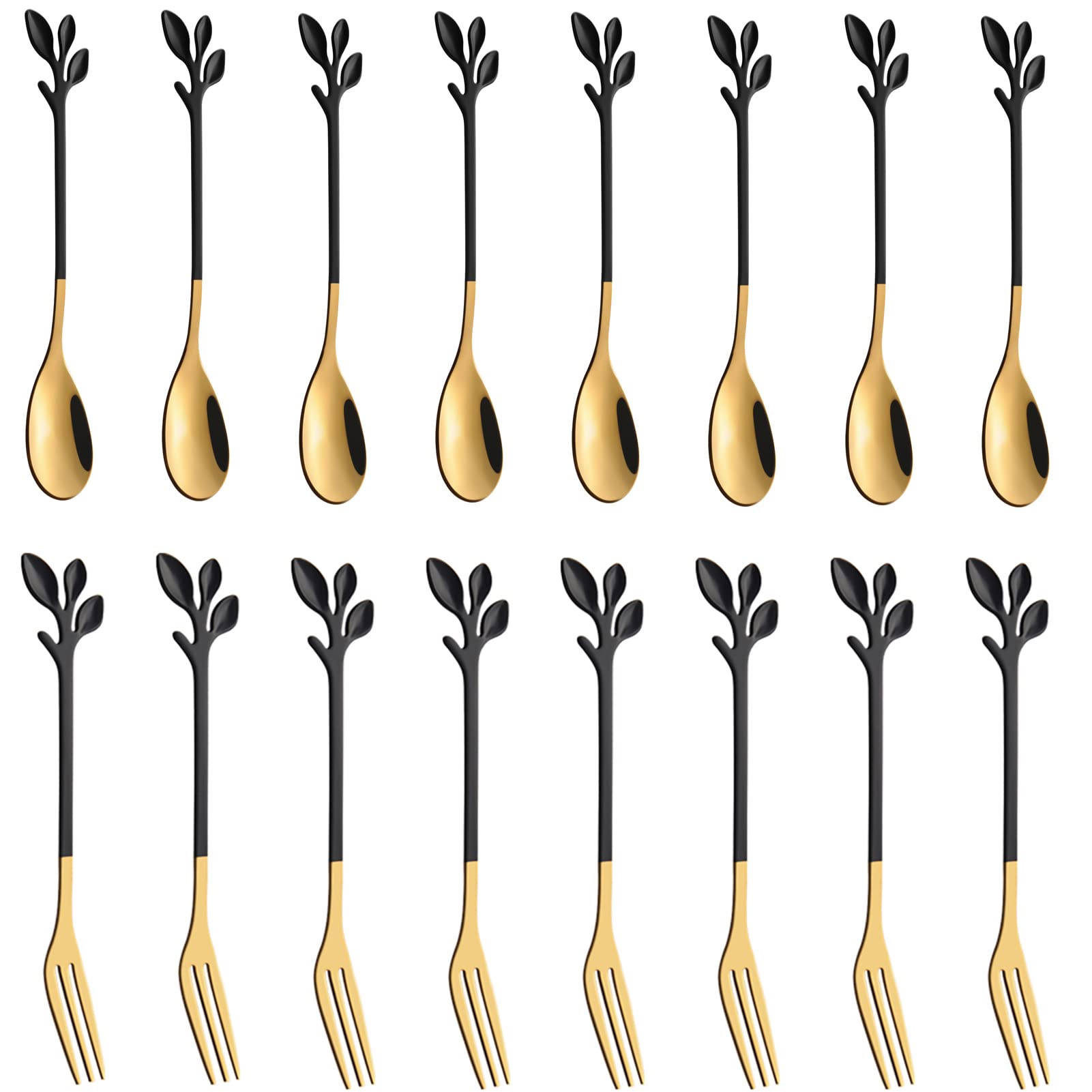 AnSaw 16-Pc Black Mini Leaf Coffee Spoons & Dessert Forks - 4.7" Stainless Steel Cutlery for Tea, Appetizers, Tasting - Party, Charcuterie, Cocktails