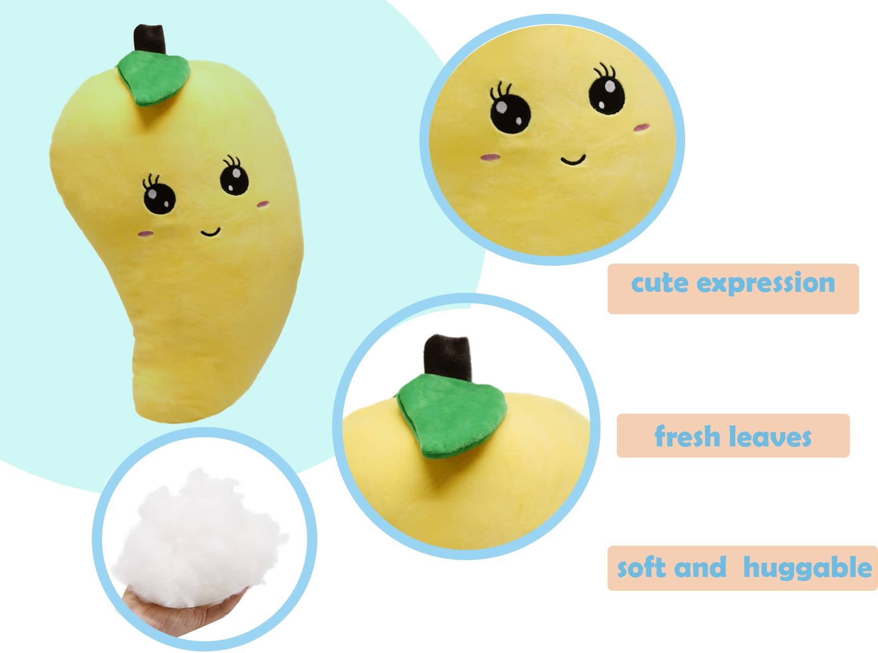 BABOLI Cuddly Mango Plush Toy Pillow Adorable Soft Fruit Stuffed Animal with Smile Face and Cute Expression Pretty Sweet Gifts for Kids Boys and Girls Present for Birthday or Party 17.7 Inches