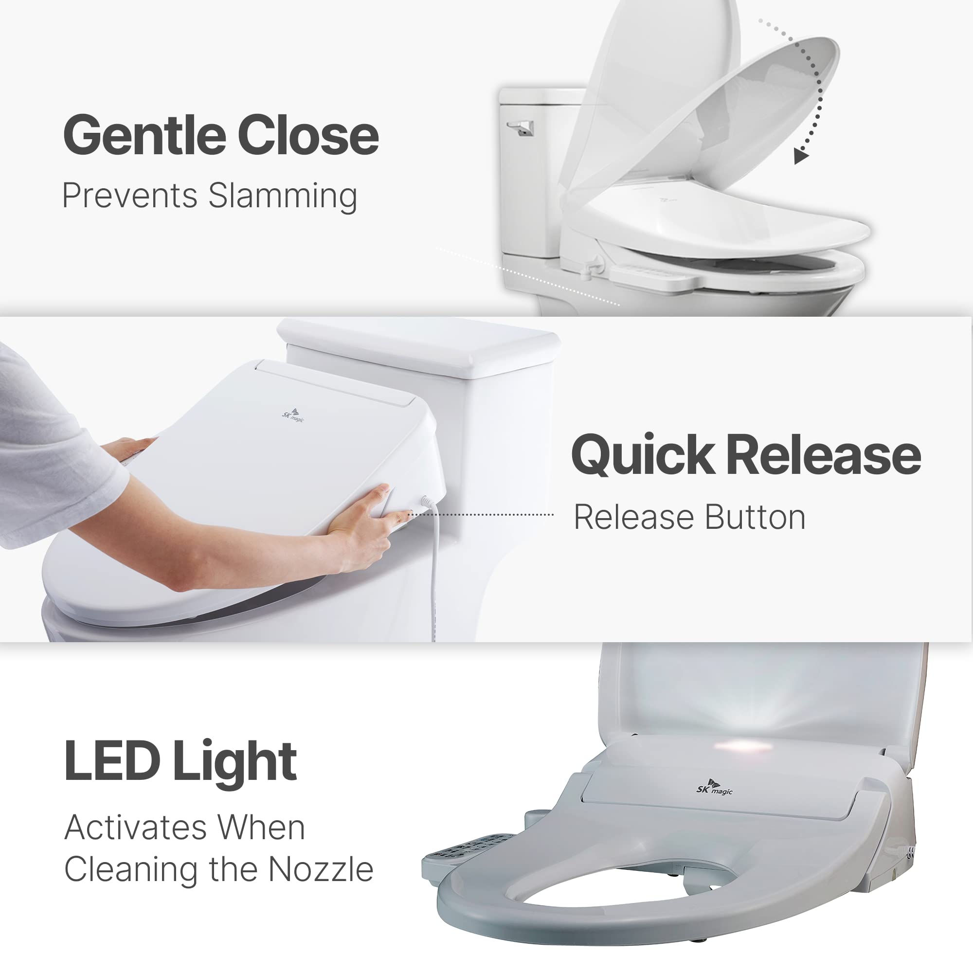 SK magic BID-S24D Electric Bidet Toilet Seat Elongated| Adjustable Warm Water, Warm Air Dryer| LED Lights| 360° Self-Cleaning Nozzle| Easy Installation| Heated Toilet Seat