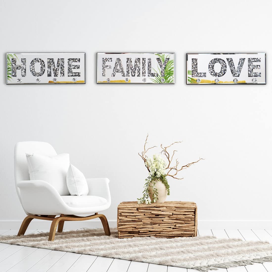 Crush Diamond Mirrored Home Letter Plaque Sign for Wall Decor, Crystal Clear Hooks Key Holder Key Hanger, Silver Mirror Decoration Wall Art, Wall Mounted Home Decor 15"×5.9"×1.6"