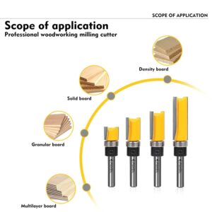 MNA Top Bearing Flush Trimer Bit 4 Pcs Set, Pattern Flush Trim Router Bit Set, 1/4 Inch Shank. Great for Edging, Veneer, or Laminate