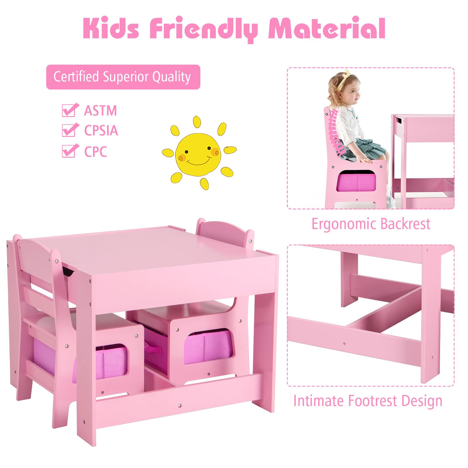 KOTEK Kids Wood Table and 2 Chairs Set with Blackboard & Storage Drawers, Children Multi Activity Table for Learning, Playing, Drawing, 3-in-1 Toddler Art Crafts Desk and Chairs Set (Pink)