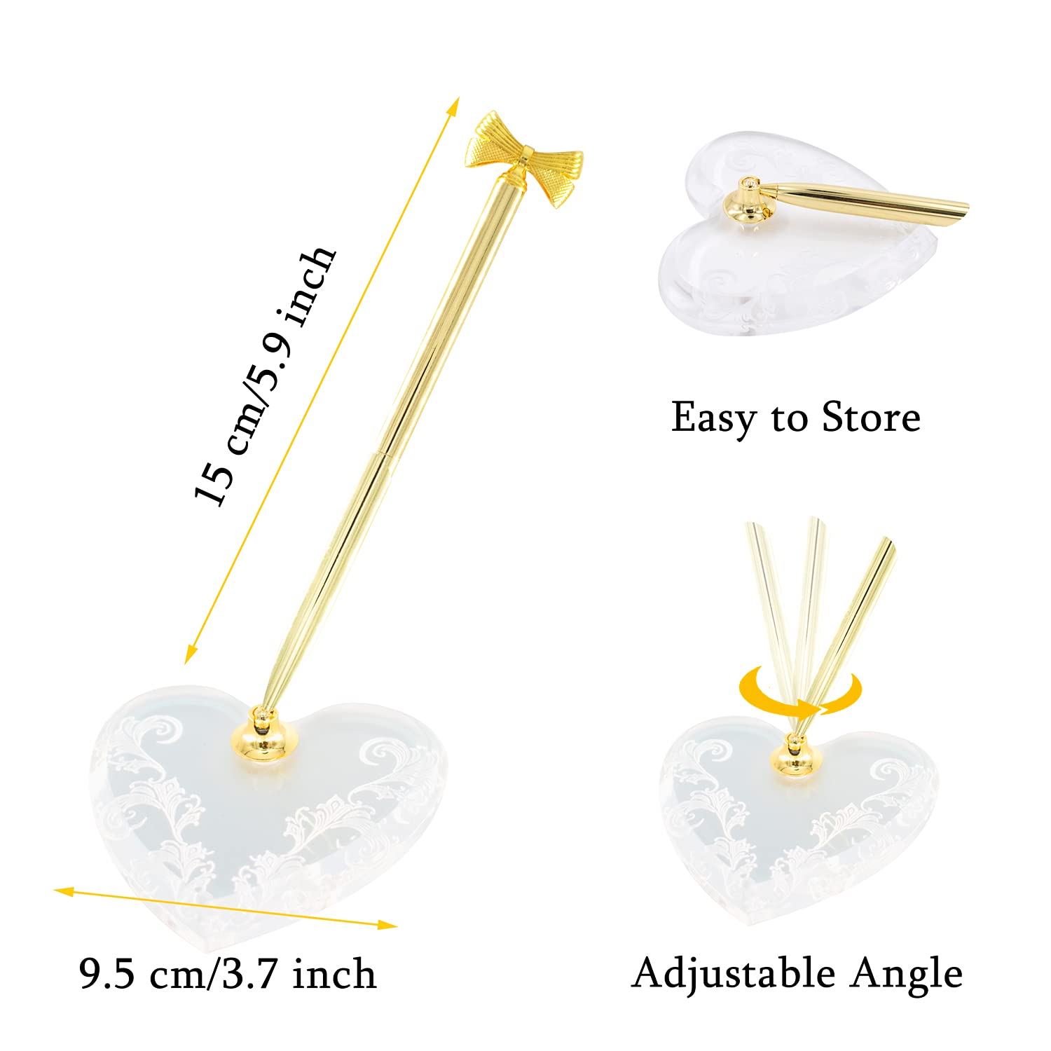 SnowTing Heart Pen Holder Signing Pen Set Guest Book Accessories for Wedding Bridal Engagement Favors Opening Ceremony Graduation Parties Office Acrylic Base with Golden Bow-knot Ballpoint Pen