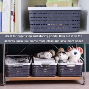 3 Pack Plastic Storage Basket 11 x 8.5 x 5 Inch, AYSUM Medium Plastic Baskets Stackable Plastic Woven Organizer with Handle for Toys, Pantry, Kitchen, Bedroom, Bathroom - Grey