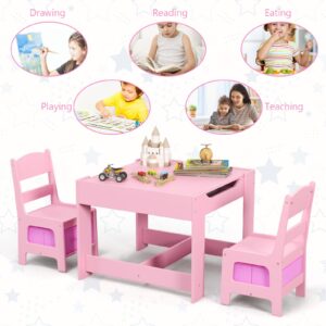 KOTEK Kids Wood Table and 2 Chairs Set with Blackboard & Storage Drawers, Children Multi Activity Table for Learning, Playing, Drawing, 3-in-1 Toddler Art Crafts Desk and Chairs Set (Pink)