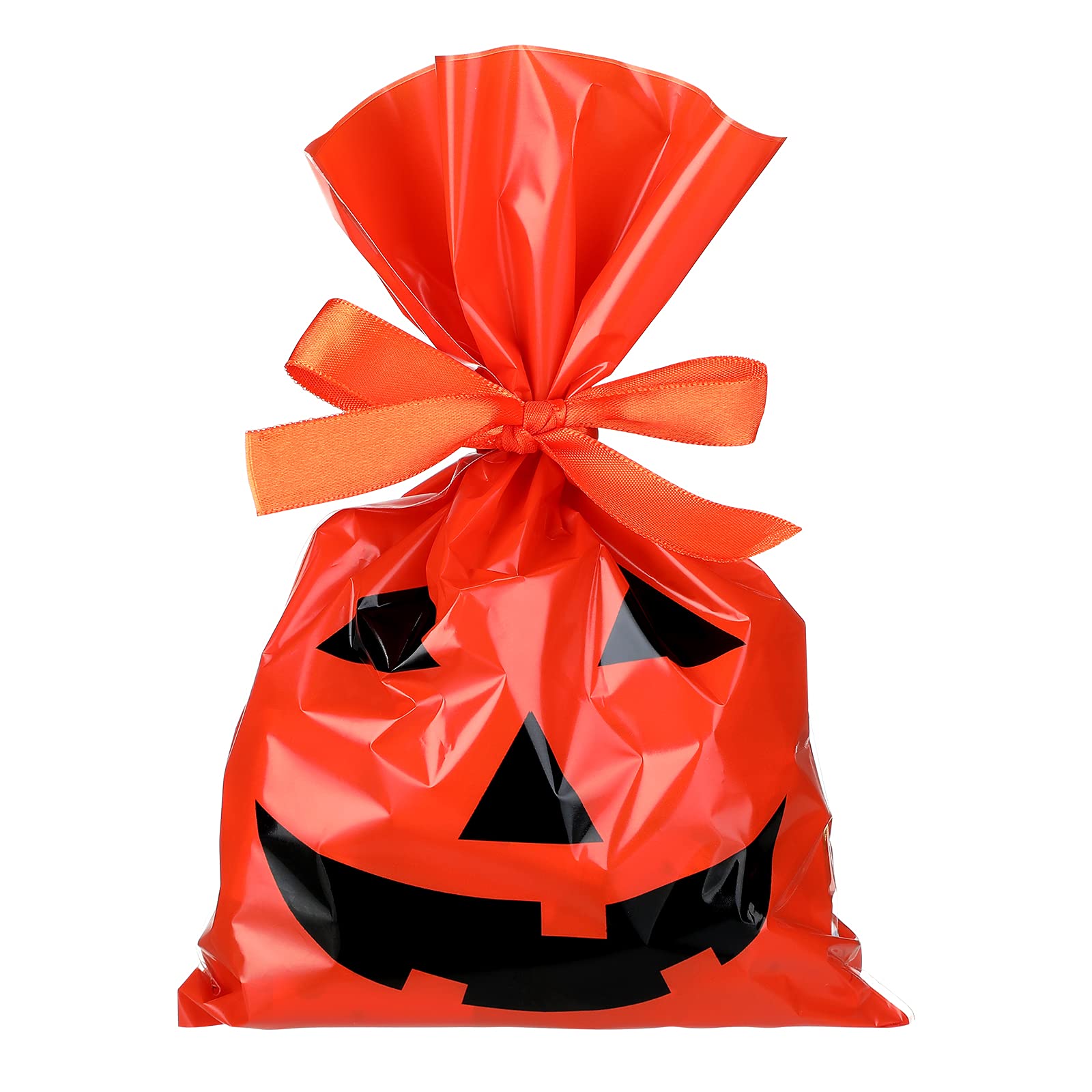 Tenare 100 Pcs Halloween Cellophane Treat Bags Pumpkin Plastic Goodie Bags Candy Gift Loot Bags with 22 Yards Ribbon for Party Favors Sacks, 6 x 9 Inch