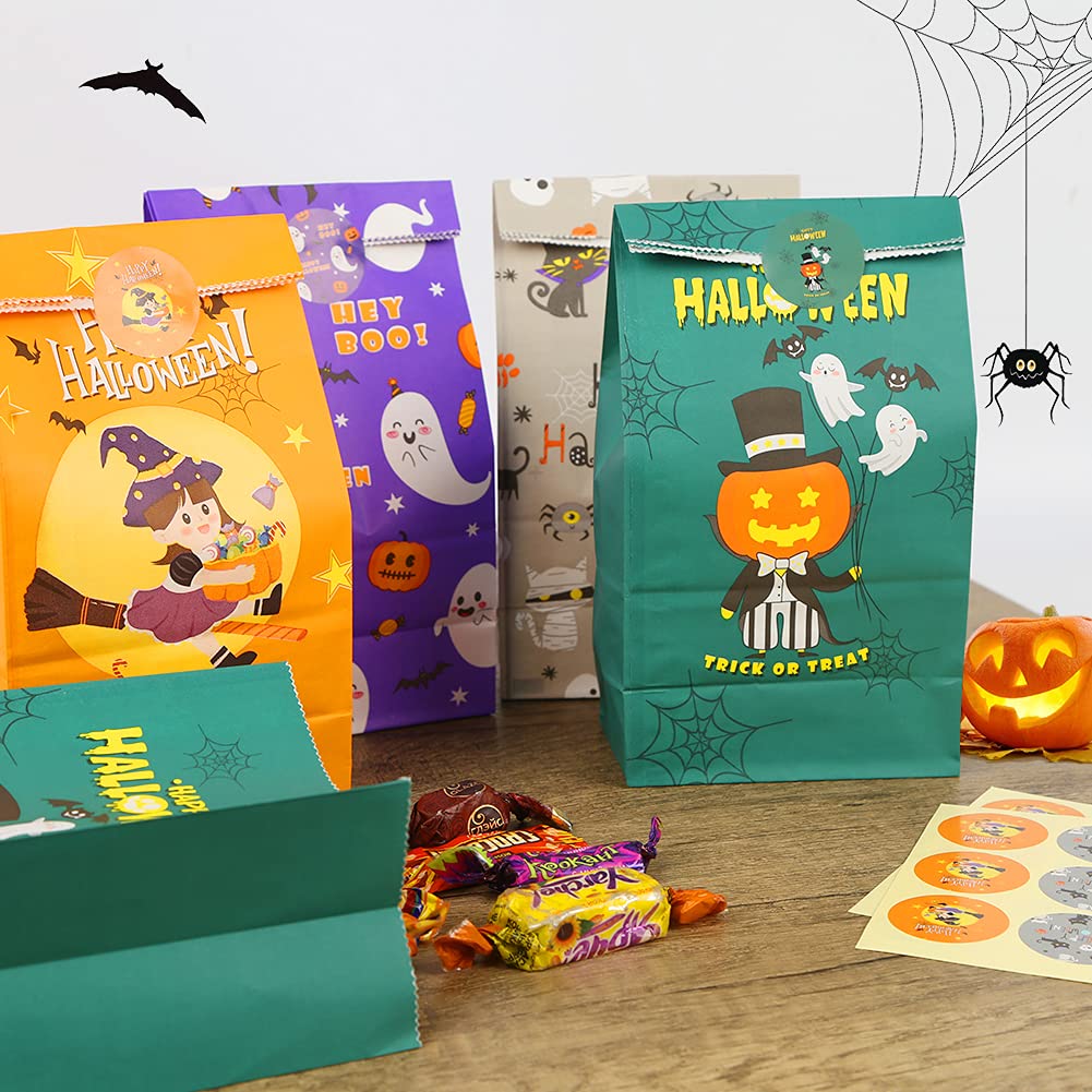 STARRKY Halloween Paper Candy Bags, 24PCS Halloween Goodie Bags Bulk Paper Gift Bags Halloween Treat Bags with Stickers for Kids Party Favor