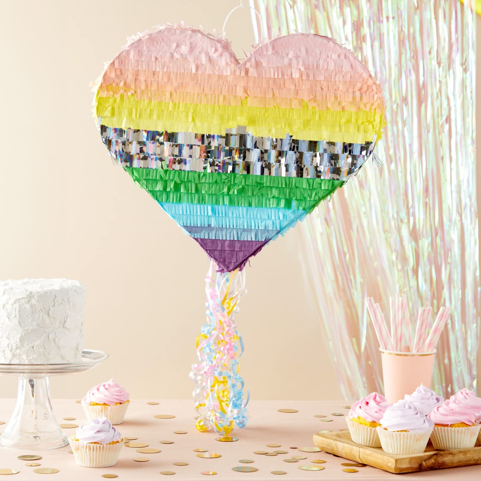 Sparkle and Bash Pull String Rainbow Heart Pinata for Pastel Birthday Party Decorations (Small, 15.7 x 13 x 3 In)