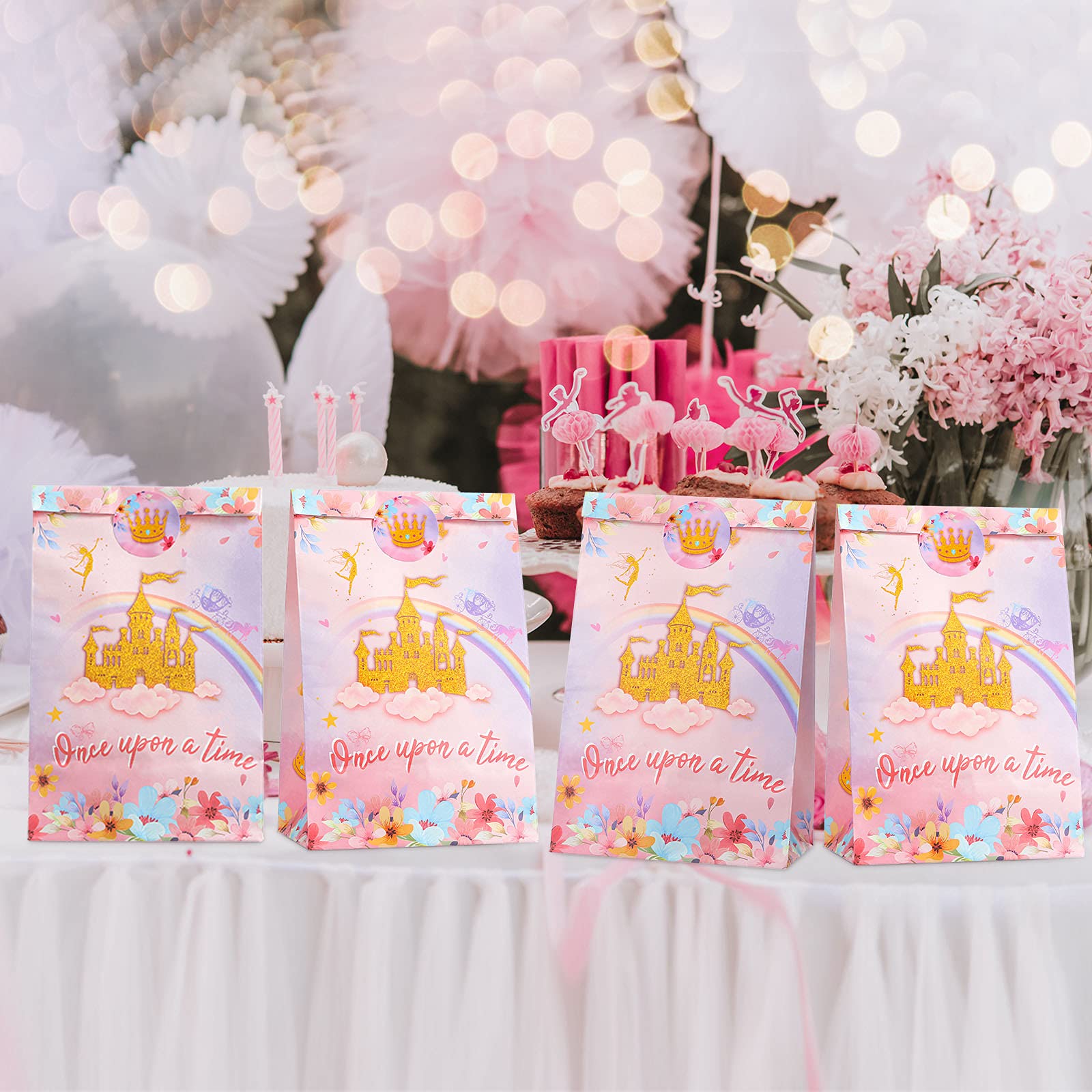 Outus 16 Pcs Princess Party Favor Bags Princess Goodie Candy Bags Decorations Pink Castle Treat Bags with 16 Princess Stickers for Birthday Baby Shower Party Supplies