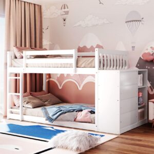 twin over twin bunk bed with drawers and shelves, wood floor bunk beds with storage for kids toddlers girls boys, teens, adults, white