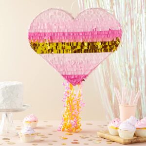 Sparkle and Bash Pink Pull String Heart Pinata for Girls Birthday Party Decorations, Pink and Gold Ombre Design, Small, 16 x 13 x 3 In