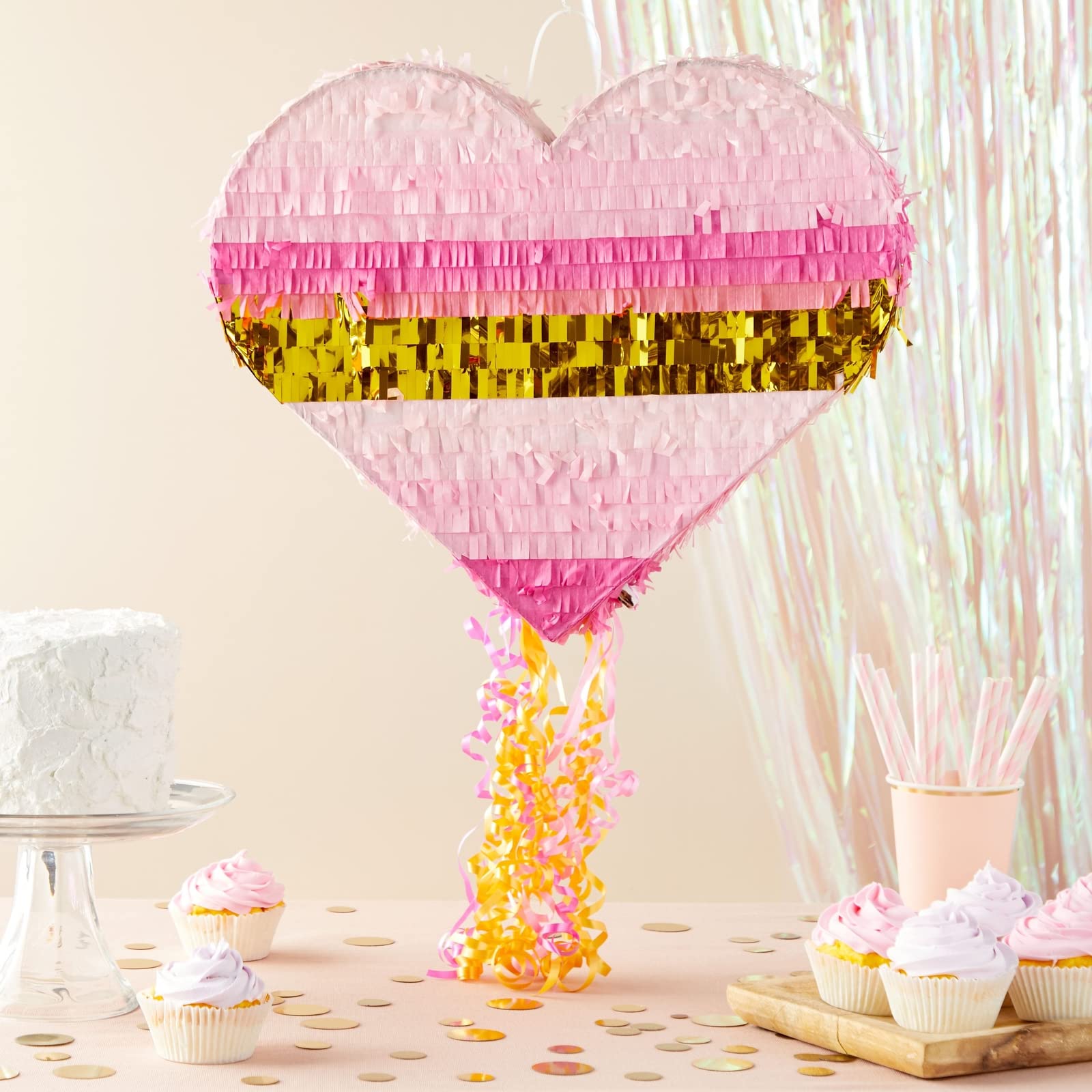 Sparkle and Bash Pink Pull String Heart Pinata for Girls Birthday Party Decorations, Pink and Gold Ombre Design, Small, 16 x 13 x 3 In