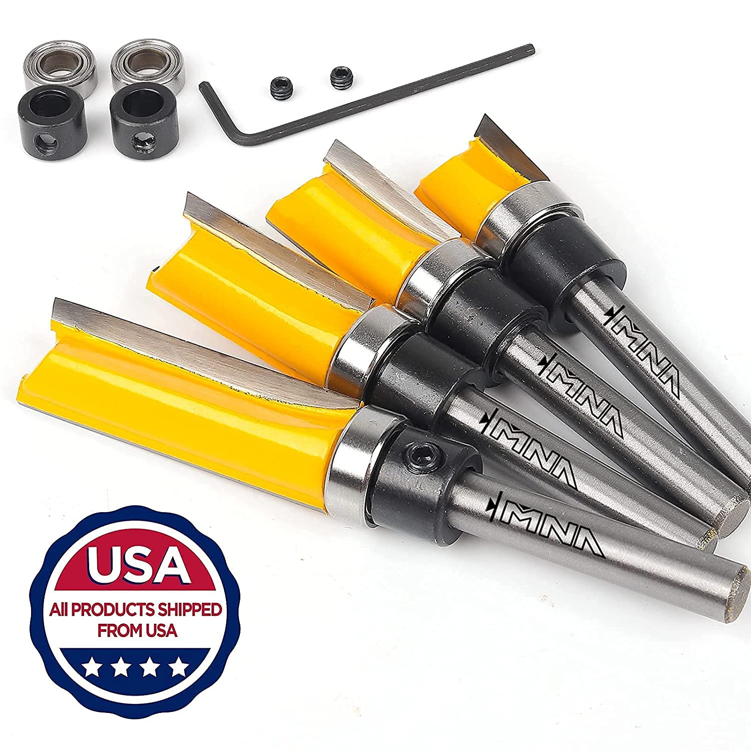 MNA Top Bearing Flush Trimer Bit 4 Pcs Set, Pattern Flush Trim Router Bit Set, 1/4 Inch Shank. Great for Edging, Veneer, or Laminate