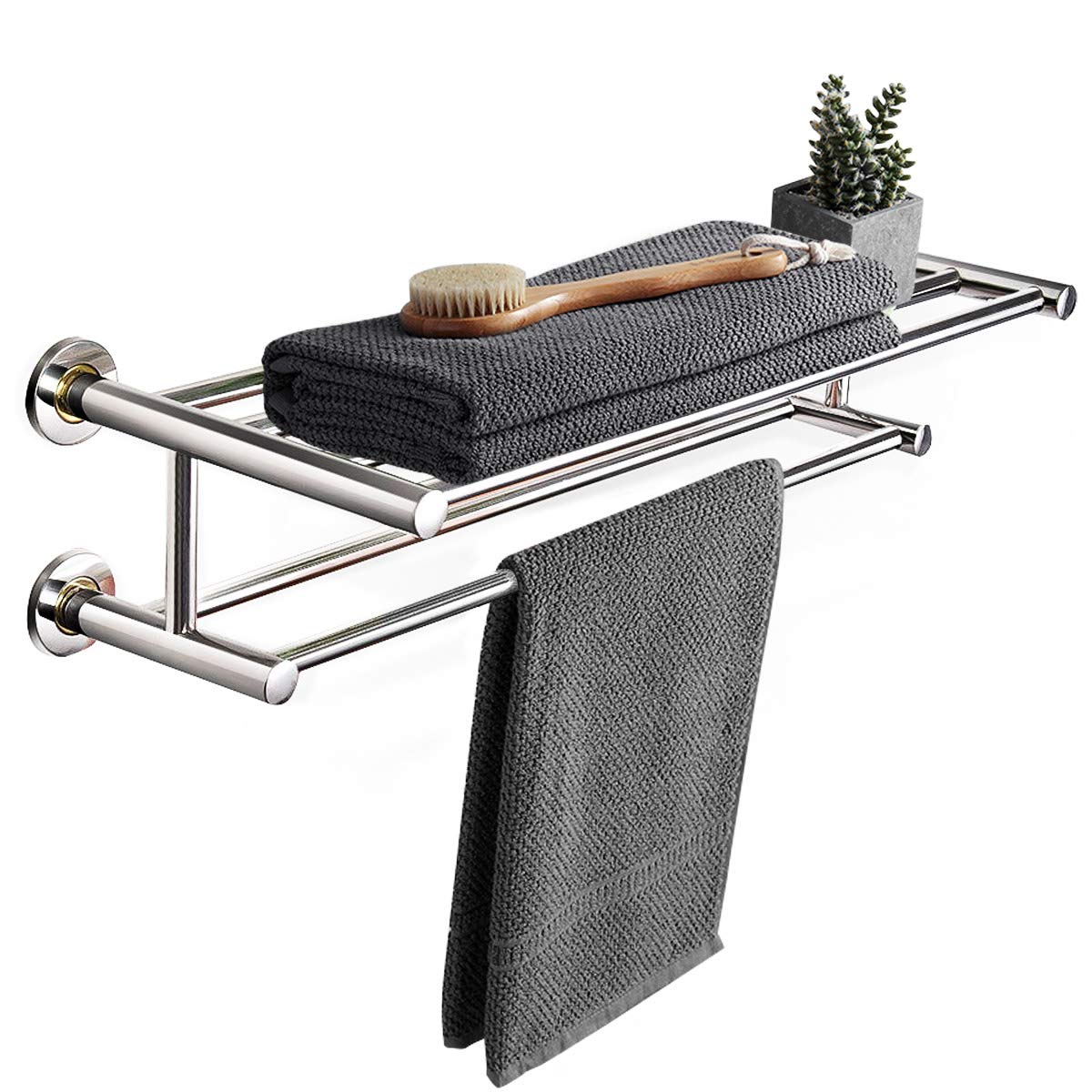 MAT Expert 24” Bath Towel Rack, Stainless Steel Double Storage Tier Towel Bar, Wall-Mounted Towel Holder Organizer, Modern Brushed Finish, Rustproof Towel Shelf for Bathroom/Kitchen/Hotel