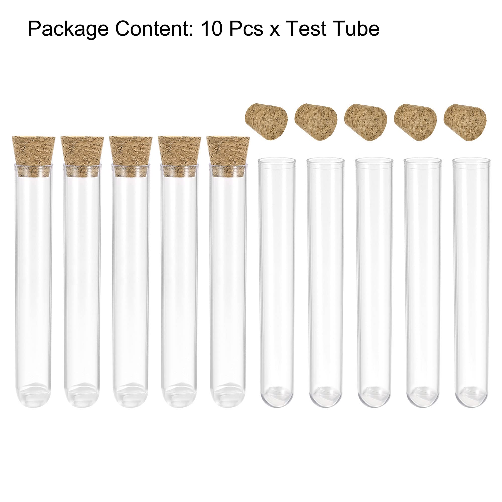 uxcell 10Pcs PS Plastic Test Tubes with Cork Stoppers, Round Base, 12x60mm, Storage Container for Scientific Experiments Sample Display Decorations