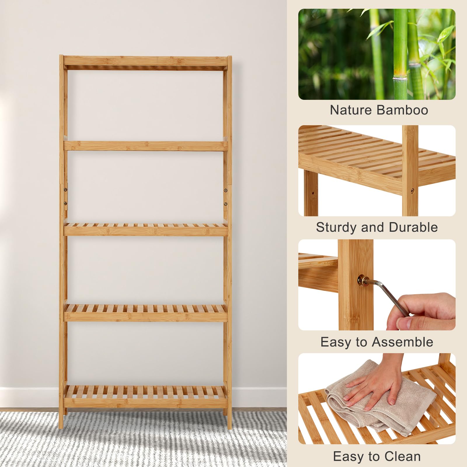 buenotoys Bamboo Corner Shelf, Storage Rack Organizer, Bamboo Shelves Stand for Bathroom Kitchen Living Room Balcony (5-Tier)