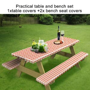 wagude Rectangle Vinyl Camping Picnic Table Cover + Benches 3-pc Set,30x72'' (6-FT) Flannel Backing Elastic Waterproof Wipeable red/White Checkered Plastic Tablecloth for Indoor Outdoor Patio Park