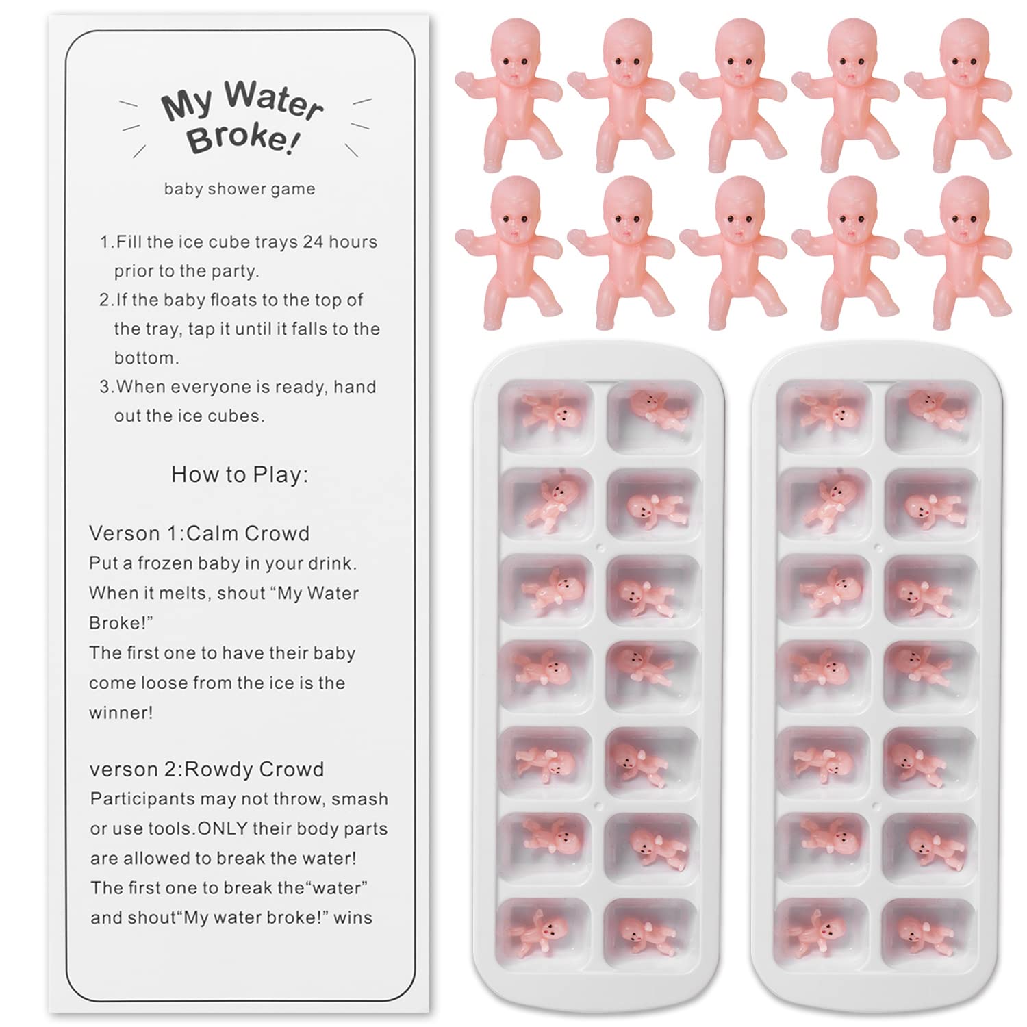 ZJJZGYXINTAI My Water Broke Baby Shower Game with 80 Mini Plastic Babies, 3 Ice Cube Trays and 1 Sign, Used for Baby Shower Games, White