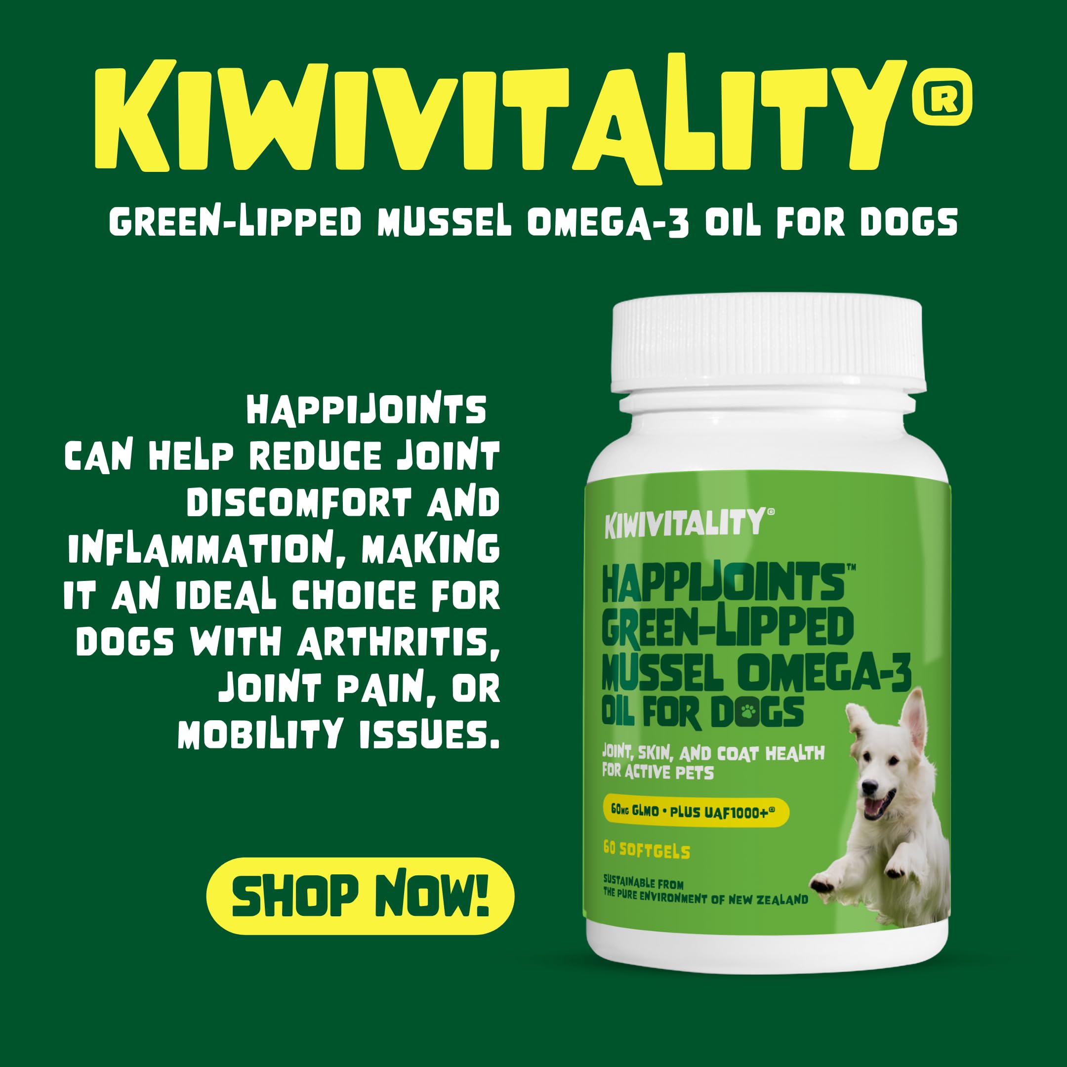 KiwiVitality HappiJoints Green-Lipped Mussel Omega-3 Oil for Dogs (60 Softgels)