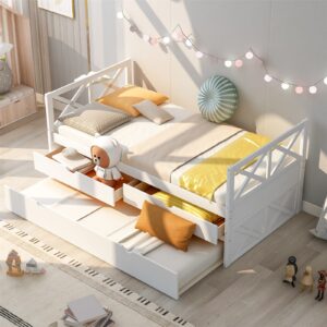 twin captain’s bed, wood storage daybed with trundle and drawers, wooden platform bed with storage for kids teens and adults, white