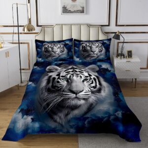 Tiger Bedspread Nebula Galaxy Coverlet Set African Safari Animals Quilted For Kids Boys Black White Tiger Shiny Clouds Cosmos Bedspread Quilt Set With 2 Pillow Cases Queen Size Bedroom Decor