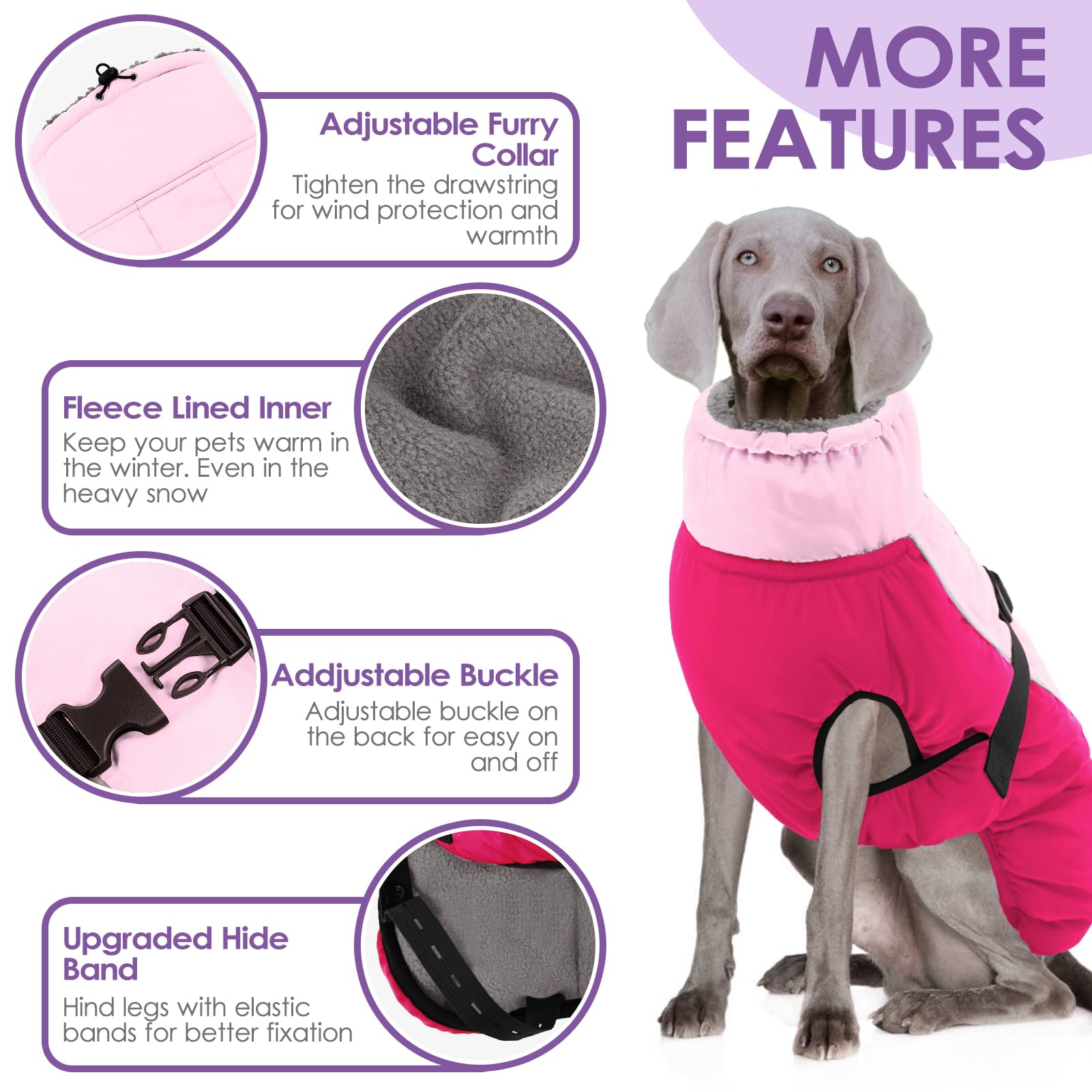 SUNFURA Warm Dog Coat Dog Jacket, Reflective Dog Winter Coats with Adjustable Buckle, Turtleneck Padded Dog Fleece Vest Windproof Waterproof Dog Snow Jacket for Small Medium Large Dogs, Pink XL