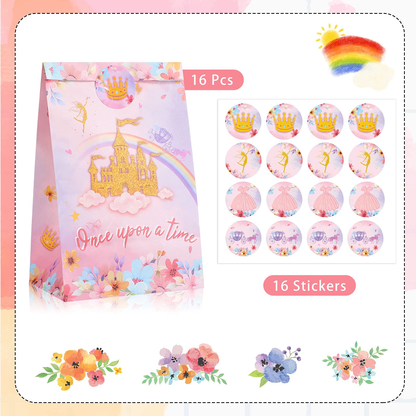 Outus 16 Pcs Princess Party Favor Bags Princess Goodie Candy Bags Decorations Pink Castle Treat Bags with 16 Princess Stickers for Birthday Baby Shower Party Supplies