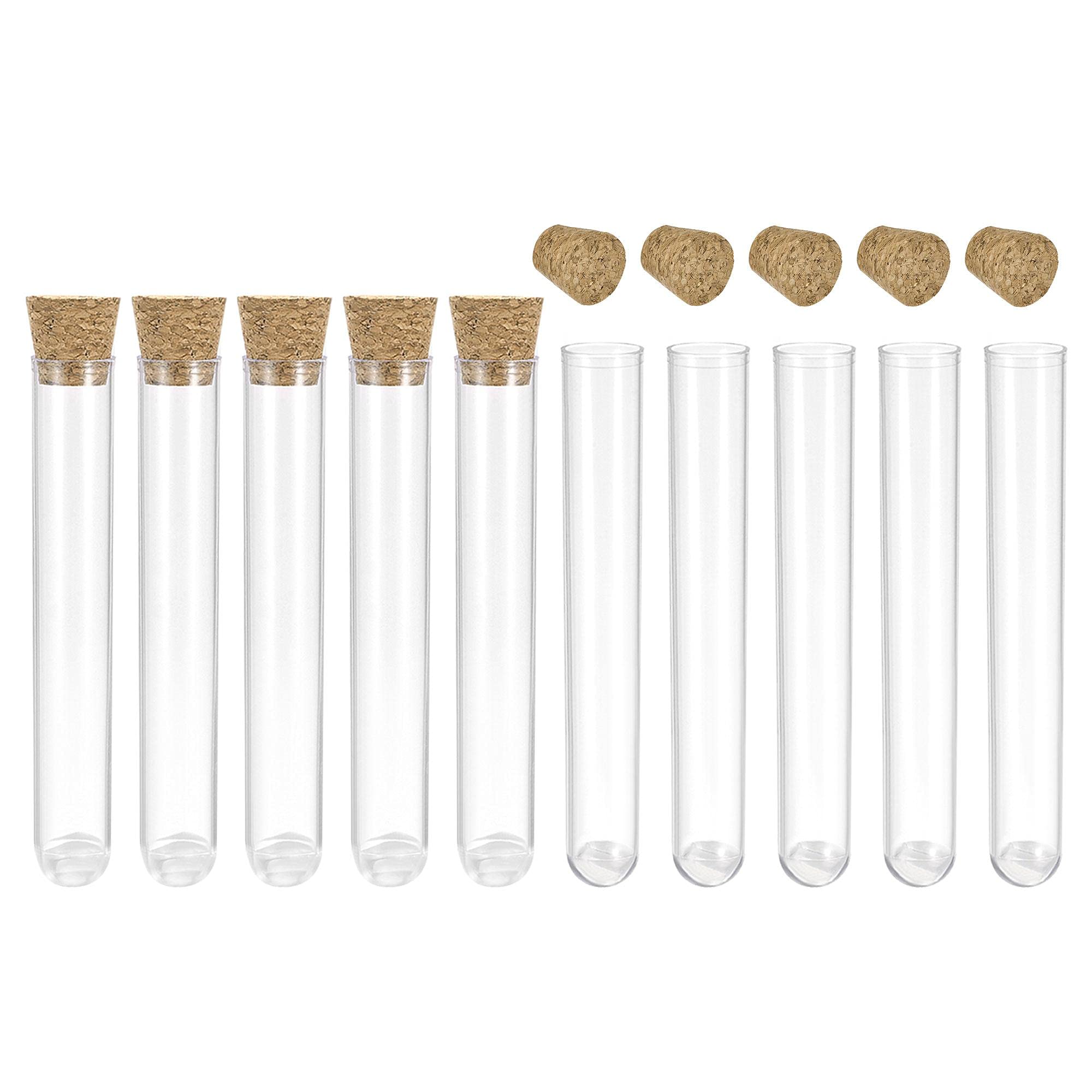 uxcell 10Pcs PS Plastic Test Tubes with Cork Stoppers, Round Base, 12x60mm, Storage Container for Scientific Experiments Sample Display Decorations