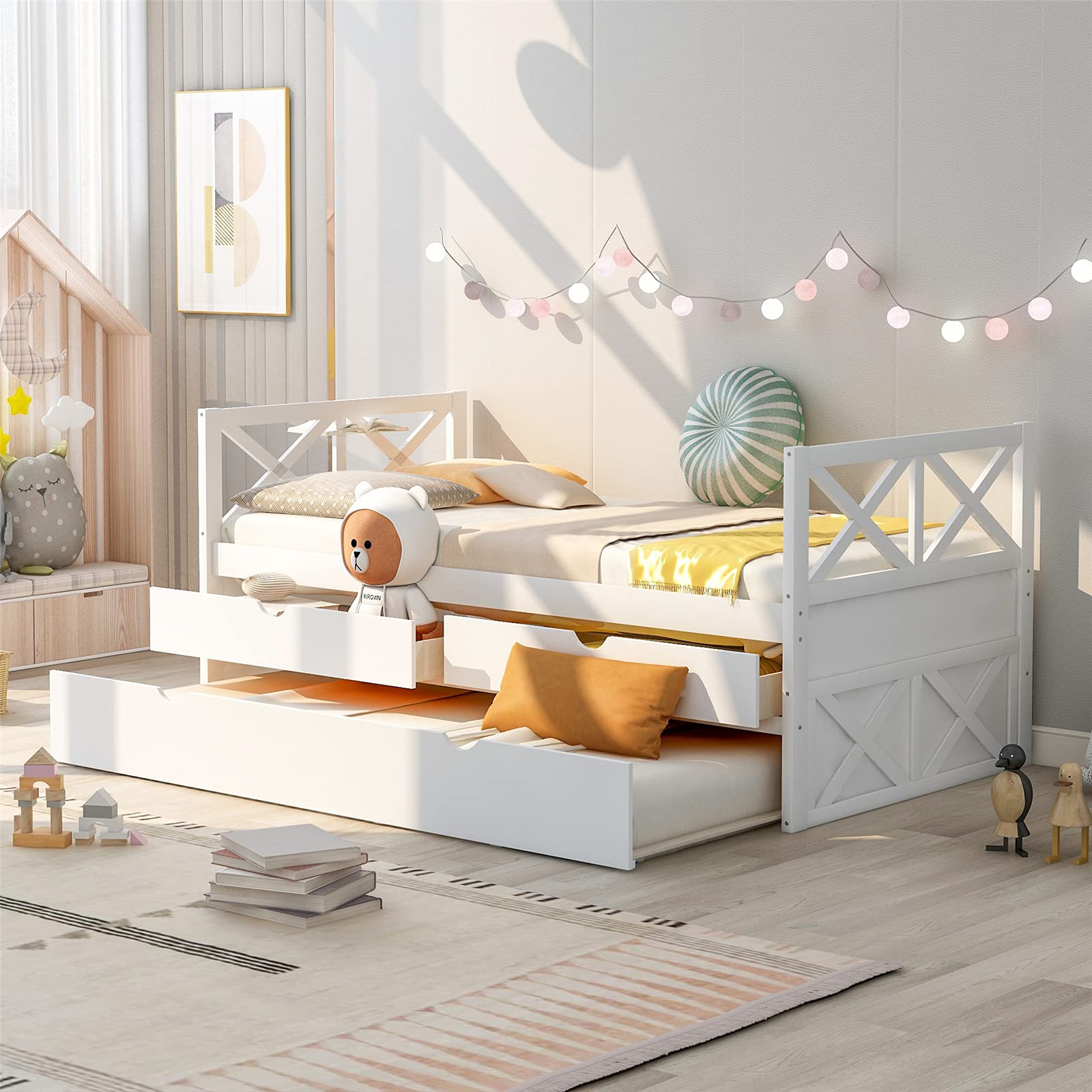 Twin Captain’s Bed, Wood Storage Daybed with Trundle and Drawers, Wooden Platform Bed with Storage for Kids Teens and Adults, White