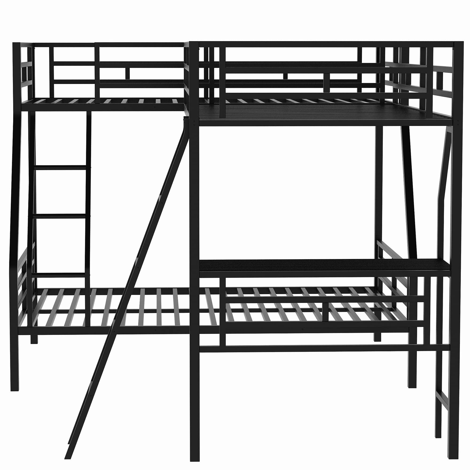 Triple Bunk Beds Twin Over Full Bunk Bed Attached a Loft Bed with Desk L-Shape Triple Loft Bed Metal Frame for Dorm, Boys & Girls Teens Kids Adults, Black