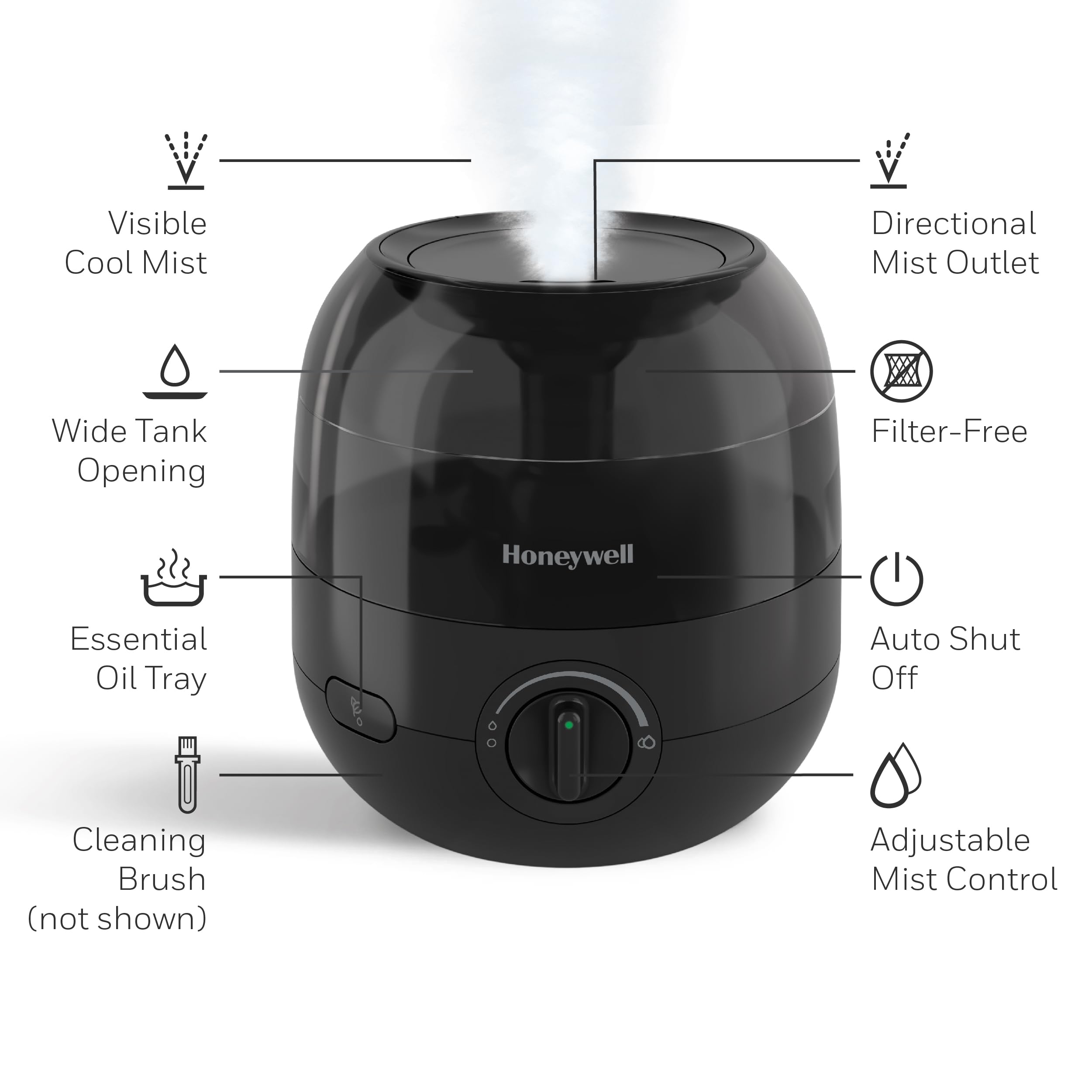 Honeywell Mini Cool Mist humidifier, Easy to Fill and Clean, humidifier for small Bedroom, Kids Rooms, or office. Ultra Quiet Operation and Auto Shut-Off - Black, HUL525B