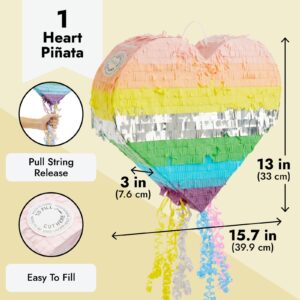 Sparkle and Bash Pull String Rainbow Heart Pinata for Pastel Birthday Party Decorations (Small, 15.7 x 13 x 3 In)