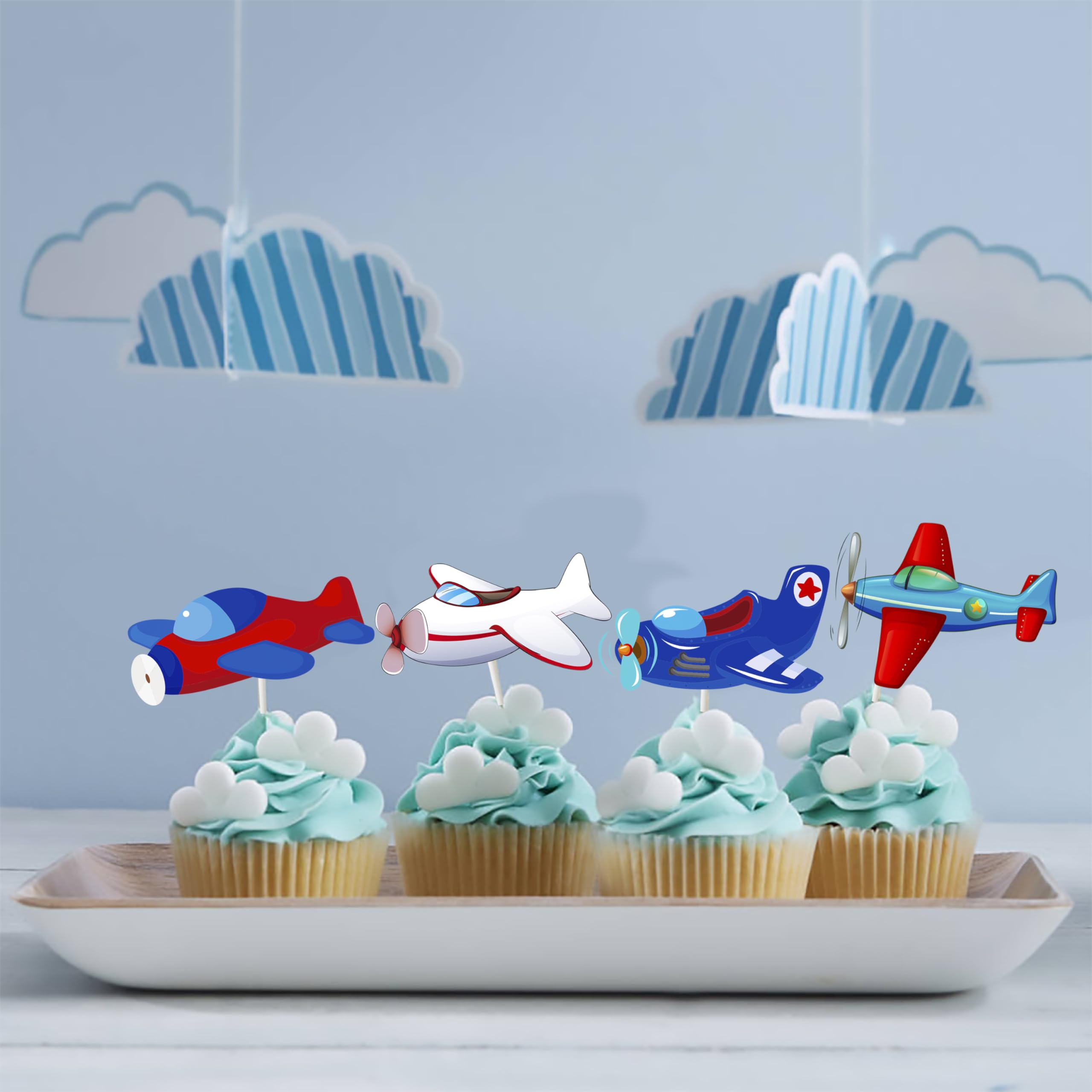 Airplane Cupcake Topper Plane Birthday Party Supplies, Airplane Aircraft Cupcake Toppers for Kids Plane Theme Party Baby SHower Favor Supplies SET of 24