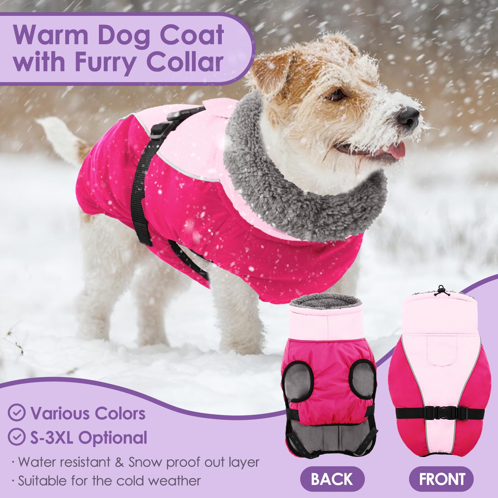 SUNFURA Warm Dog Coat Dog Jacket, Reflective Dog Winter Coats with Adjustable Buckle, Turtleneck Padded Dog Fleece Vest Windproof Waterproof Dog Snow Jacket for Small Medium Large Dogs, Pink XL