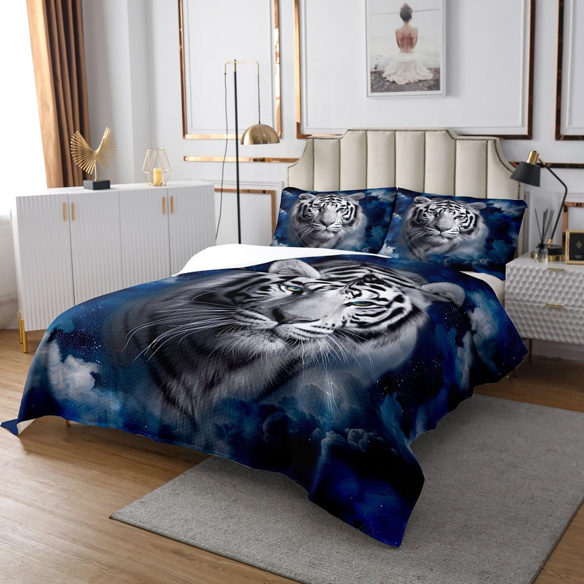 Tiger Bedspread Nebula Galaxy Coverlet Set African Safari Animals Quilted For Kids Boys Black White Tiger Shiny Clouds Cosmos Bedspread Quilt Set With 2 Pillow Cases Queen Size Bedroom Decor