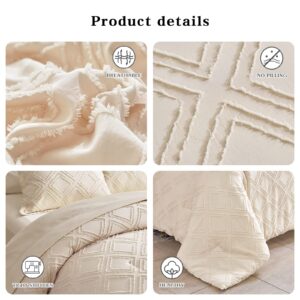 6 Pieces Tufted Bed in a Bag Twin Comforter Set with Sheets Beige, Soft and Embroidery Shabby Chic Boho Bohemian Design, Luxury Solid Color with Diamond Pattern, Jacquard Tufts Bedding Set for Kids