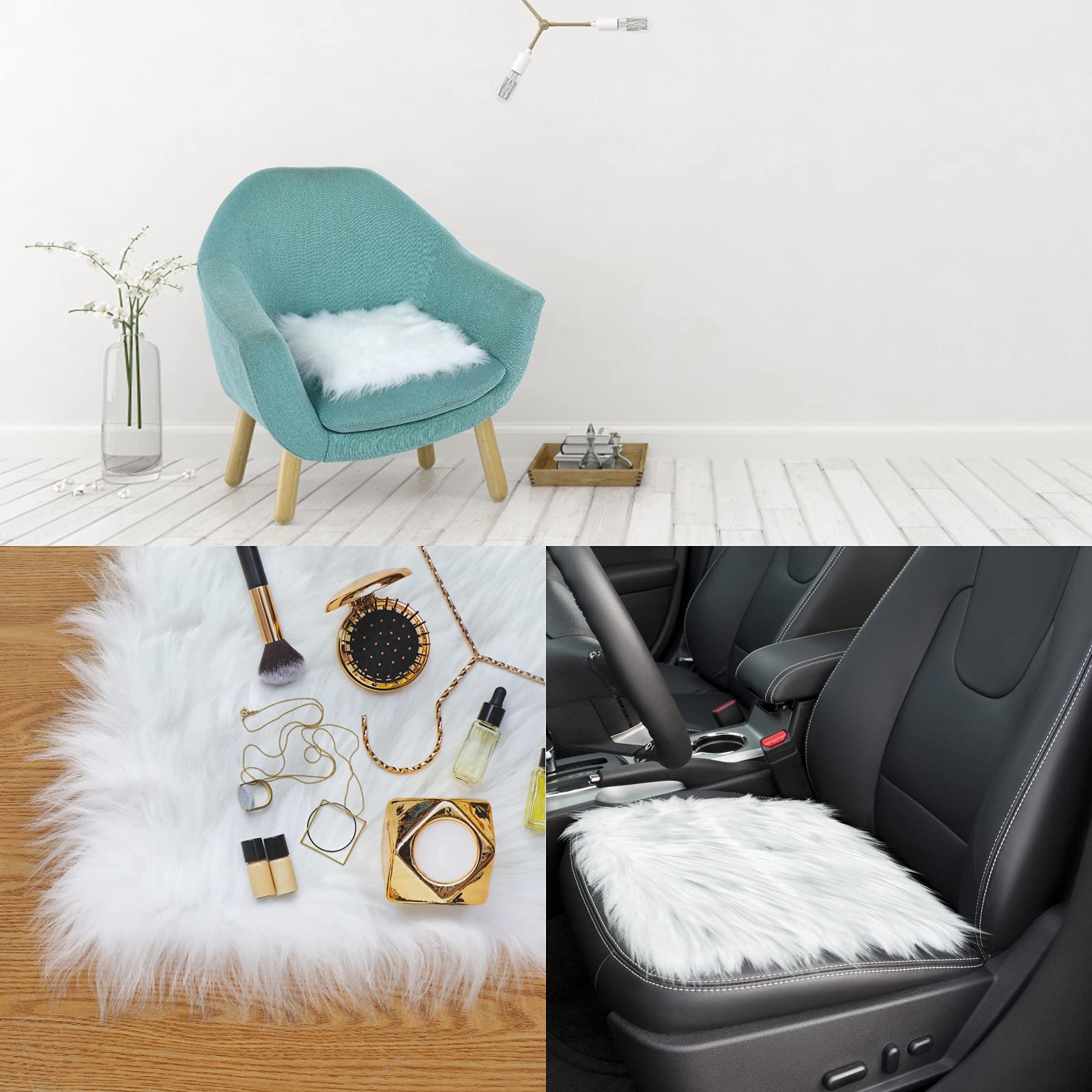 Molain Faux Fur Chair Pad Faux Fur Rugs 12 inch Square Cover Seat Fuzzy Cushion Carpet Mat Soft Fluffy Area Rug Couch for Living Bedroom Sofa, Photographing Background (White)