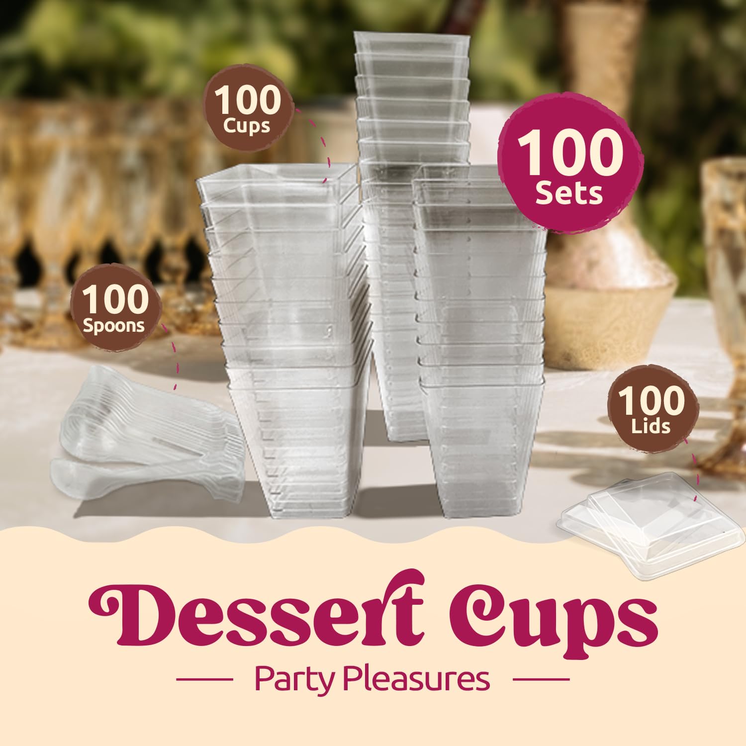 Sammray 5 oz Dessert Cups with Lids and Spoons (100 Pack) – Plastic Parfait Cups for Appetizer and Desserts be it, Mousse, Tiramisu, Pudding, or salads - Perfect for Parties